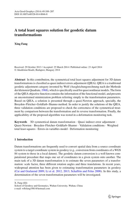 Pdf A Total Least Squares Solution For Geodetic Datum Transformations