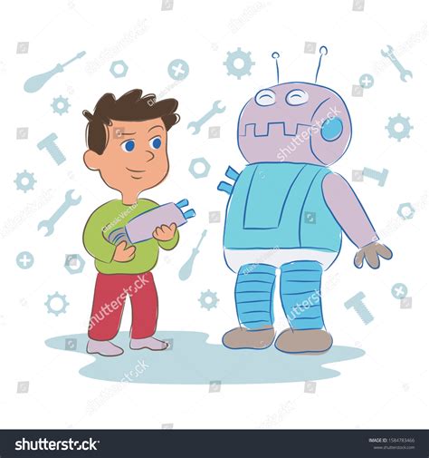 Little Boy Creating Robot Cartoon Vector Stock Vector Royalty Free
