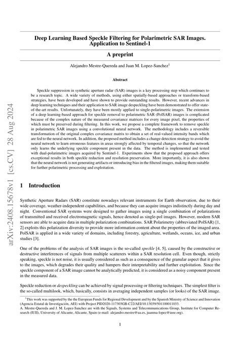 Pdf Deep Learning Based Speckle Filtering For Polarimetric Sar Images Application To Sentinel 1