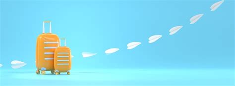 파란색 하늘 배경에 비행 종이 비행기와 오렌지 플라스틱 가방 여름 여행 이나 휴가 여행에 대 한 수하물 가방 비행 및 바다 해변 휴가의 꿈 현실적인 3d 렌더링 여행 배너