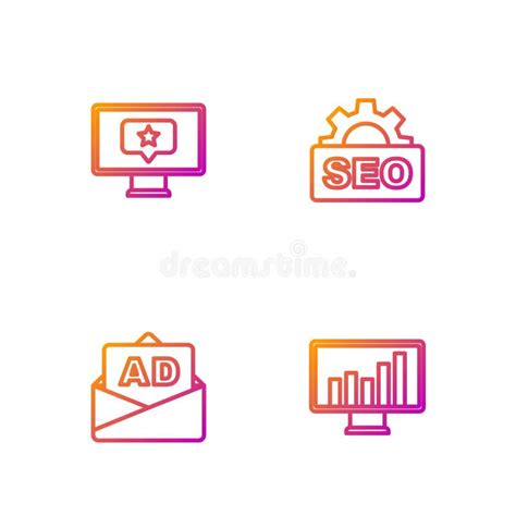 Set Line Monitor With Graph Chart Advertising Star And Seo Optimization Gradient Color Icons