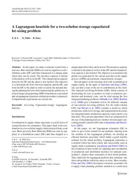 Pdf A Lagrangean Heuristic For A Two Echelon Storage Capacitated Lot Sizing Problem