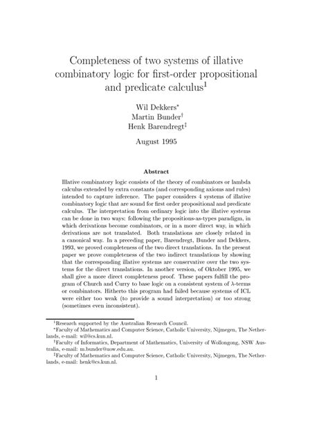Pdf Completeness Of Two Systems Of Illative Combinatory Logic For First Order Propositional