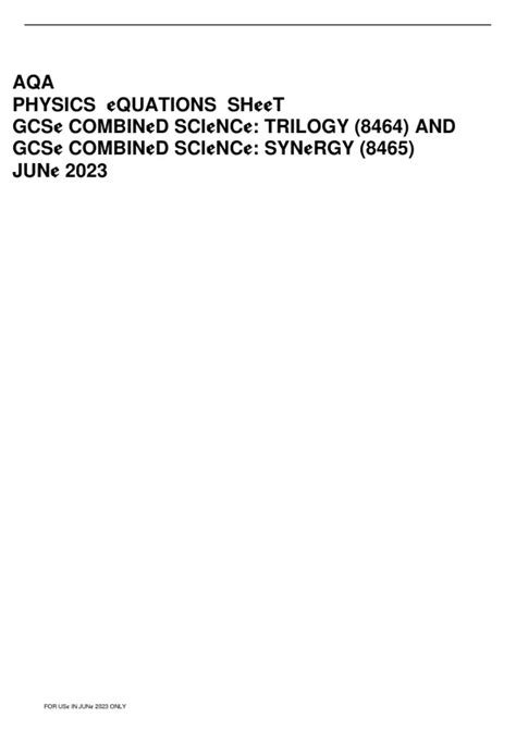 Aqa Physics Equations Sheet Gcse Combined Science Trilogy 8464 And Gcse Combined Science