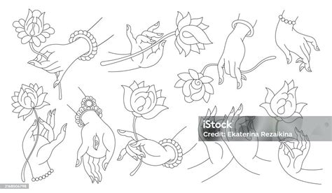Set Of Outline Hands And Flowers Buddha Hands Gestures Religious Buddhist Symbols Simple Line