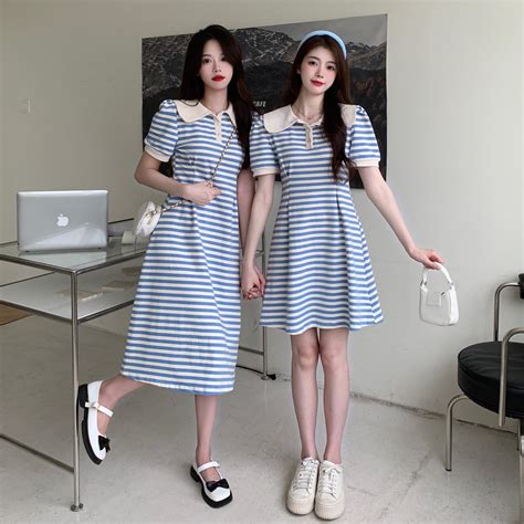 미니 롱 4XL 스트라이프 배색 카라 퍼프 소매 얇은 단가라 줄무늬 A라인 핀턱 주름 플레어 루즈핏 여름 반팔 원피스 치마