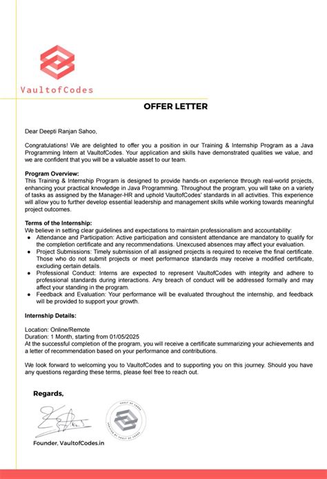 internship vaultofcodes java javaprogramming learning careergrowth deepti ranjan sahoo