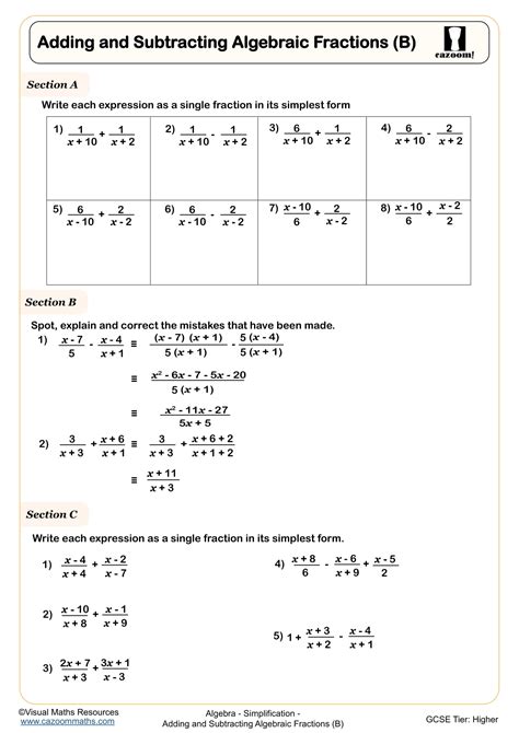 Add And Subtract Algebraic Fractions B Worksheet Fun And Engaging Year 10 And Year 11