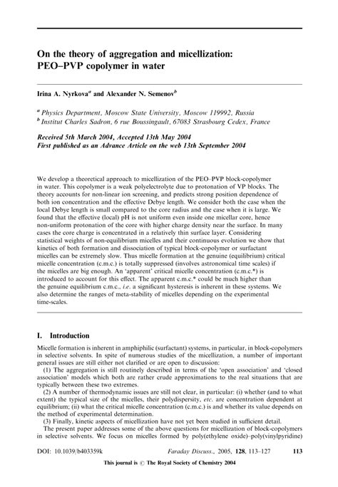Pdf On The Theory Of Aggregation And Micellization Peo Pvp Copolymer