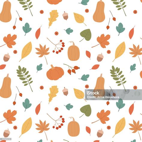 벡터 다채로운 가을 자연 이음새가 없는 패턴과 가을 잎 호박 열매 및 도토리 10월에 대한 스톡 벡터 아트 및 기타 이미지 10월 11월 9월 Istock