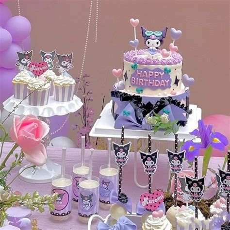 เครื่องประดับตกแต่งเค้ก Kuromi Kuromi ปลั๊กอินสำหรับวางขนมหวานตกแต่งงานปาร์ตี้วันเกิดสีดำสีม่วง