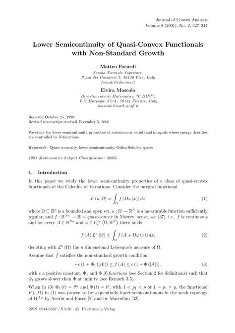 Pdf Lower Semicontinuity Of Quasi Convex Functionals With Non Standard Growth