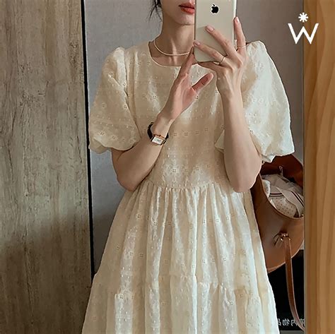 위시드 펀칭 레이스 소매 퍼프 라운드넥 롱 원피스 Wiaaop057 위시버킷