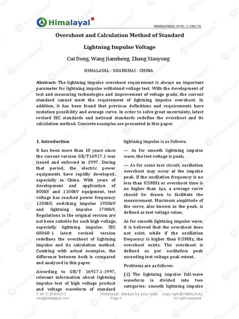 Overshoot And Calculation Method Of Standard Lightning Impulse Voltage