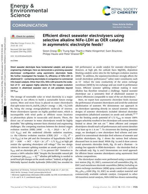 Pdf Efficient Direct Seawater Electrolysers Using Selective Alkaline Nife Ldh As Oer Catalyst