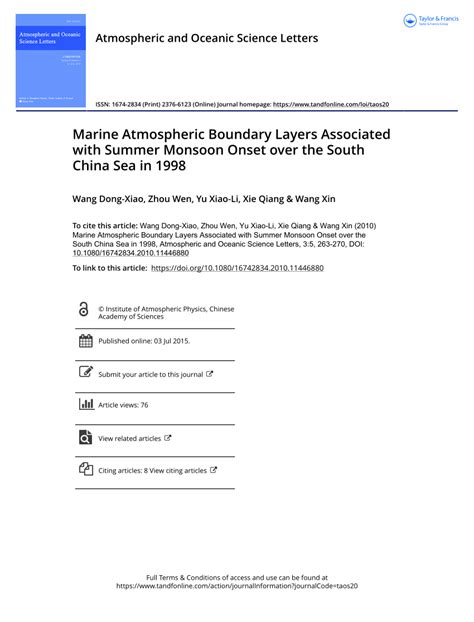 Pdf Marine Atmospheric Boundary Layers Associated With Summer Monsoon Onset Over The South