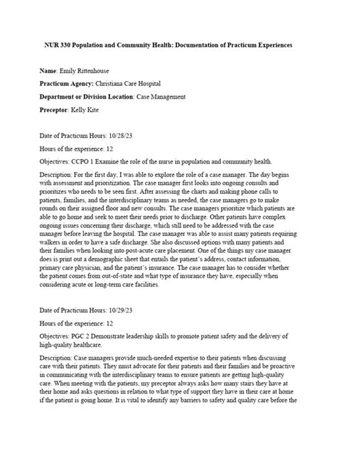 Nur 330 Documentation Of Practicum Experiences Er Pdf Patient Nursing