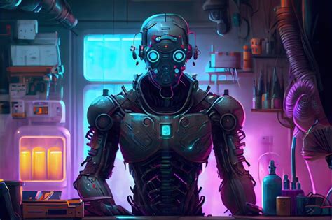 연구 실험실에서 일하는 휴머노이드 로봇의 생성 Ai 그림 과학 스튜디오 조명 판타지 구성 사이버 펑크의 인공 지능 자동화 프리미엄 사진