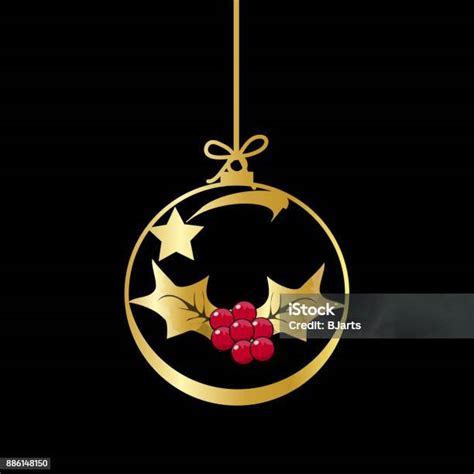 나비와 미 슬 토 플랫 크리스마스 공입니다 금색과 빨간색 홀리 베리 장식 크리스마스 장식으로 골드 값싼 물건을 벡터 검은 배경에