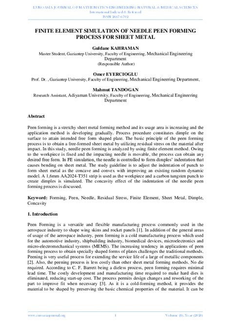 Pdf Finite Element Simulation Of Needle Peen Forming Process For Sheet Metal