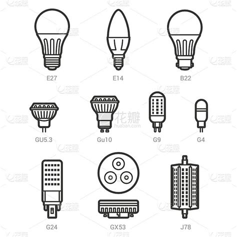 LED灯的灯泡矢量轮廓图标设置素材 花瓣网