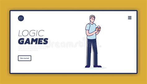 Logic Games Landing Page Design With Man Solving Logical Rubik Cube Puzzle Stock Vector
