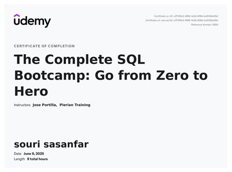 My Course Completion Certificate For The Complete Sql Bootcamp Go From Zero To Hero Souri