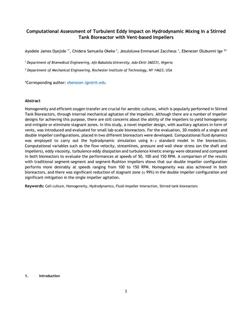 Pdf Computational Assessment Of Turbulent Eddy Impact On Hydrodynamic Mixing In A Stirred Tank
