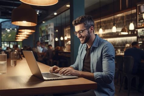 Premium Photo A Man Is Seen Sitting At A Table Fully Engaged In Using