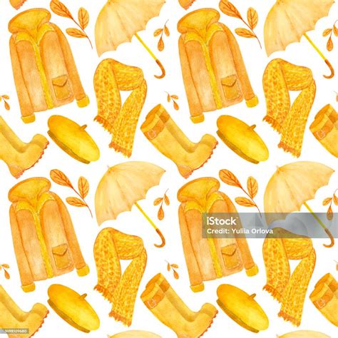 수채화 가을 이음새가 없는 패턴으로 나뭇잎 노란색 계절 옷 흰색 배경에 액세서리가 있습니다 10월에 대한 스톡 벡터 아트 및 기타 이미지 Istock