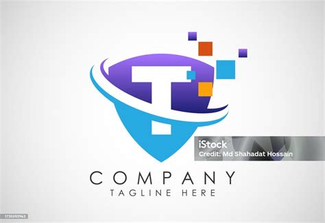 방패 Swoosh 및 데이터 픽셀이 있는 영어 알파벳 T 창조적 인 기술 현대 로고 디자인 0명에 대한 스톡 벡터 아트 및 기타 이미지 Istock