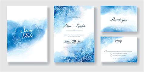 꽃 결혼식 초대장 카드 날짜 템플릿을 저장합니다 벡터 흰색 꽃 그리기 라인 아트가있는 파란색 수채화 배경 텍스처 꽃 식물에 대한 스톡 벡터 아트 및 기타 이미지 Istock