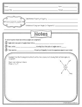 Vertical Angles And Angle Sum Theorem Proofs Lesson Materials Notes CW HW