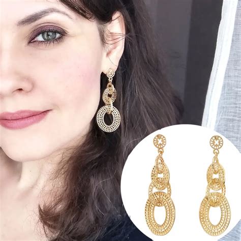 Trinketsea Trendy Hollow Long Dangle Earrings For Women Gold Round Drop