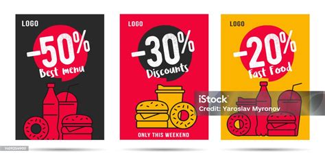 패스트 푸드 레스토랑 또는 배달 서비스를위한 할인 포스터 스낵과 점심 식사를위한 선형 음식 및 음료 콤보 메뉴가있는 템플릿 디자인 도넛에 대한 스톡 벡터 아트 및 기타