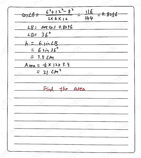 Solved The Area Of A Triangle Is Determined By The Formula Area Base Height Calculate