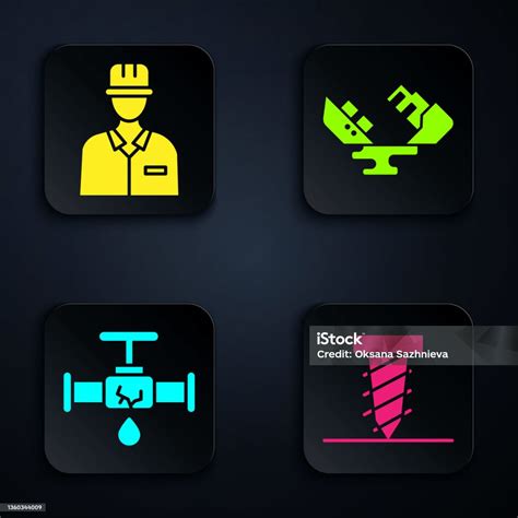 구멍 오일맨 부서진 파이프를 파고 회전 드릴을 설정하고 누출 된 물과 난파 유조선 선박 검은 색 사각형 버튼 벡터 굴착 장치에 대한 스톡 벡터 아트 및 기타 이미지 Istock