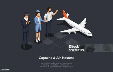 만화 3d 스타일로 등소 일러스트레이션 어두운 배경에 벡터 구성 선장과 공기 안주인은 함께 서 비행기 근처 인포 그래픽 및 쓰기 비행 및 항공기 개념 등측투영법에 대한 스톡