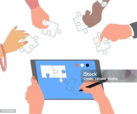 태블릿에서 퍼즐을 만드는 인간의 손 다국적 동료 또는 직원이 도움을줍니다 개념에 대한 스톡 벡터 아트 및 기타 이미지 개념