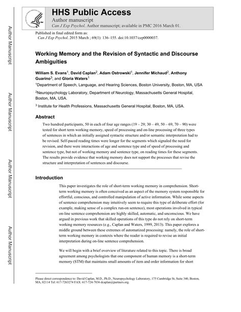 Pdf Working Memory And The Revision Of Syntactic And Discourse