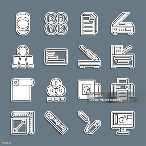 라인 컴퓨터 모니터 화면 프린터 복사기 파일 문서 명함 바인더 클립 페인트 통 및 종이 커터 아이콘을 설정합니다 벡터 0명에 대한 스톡 벡터 아트 및 기타 이미지 Istock