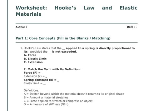 Hookes Law And Elastic Materials Worksheet Teaching Resources