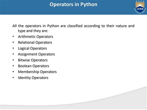 Operators In Python Arithmetic Operators Ppt
