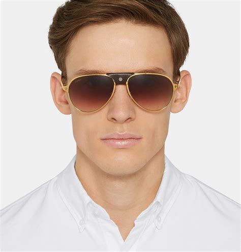 Cartier Eyewear Santos De Cartier Aviator Style Leather Trimmed Gold