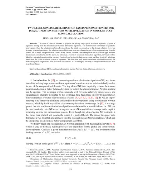 PDF TWO LEVEL NONLINEAR ELIMINATION BASED PRECONDITIONERS FOR INEXACT NEWTON METHODS WITH