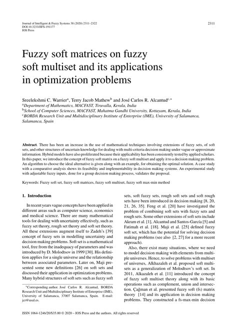 pdf fuzzy soft matrices on fuzzy soft multiset and its applications