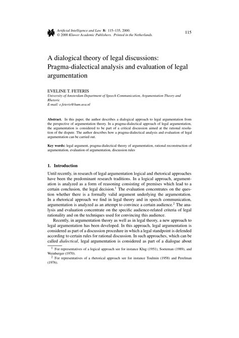 Pdf Dialogical Theory Of Legal Discussions Pragma Dialectical