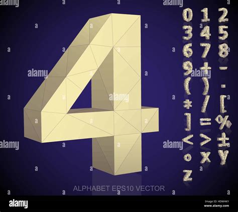 Set Of Yellow 3d Polygonal Numbers And Mathematical Symbols With Reflection Low Poly Alphabet