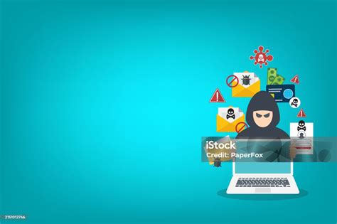 Hacker With Laptop Computer Stealing Confidential Data Personal Information And Credit Card
