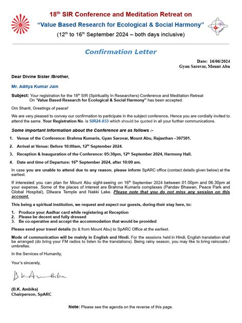 Sir24 033 Mr Aditya Kumar Jain Confirmation Letter 18th Sir Conference 2024 Pdf Spirituality